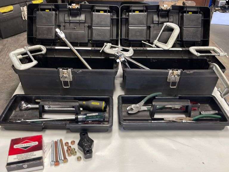 Two Stanley Tool Boxes 8”x15”x8” w/ Assorted Tools & New Fly Wheel ...