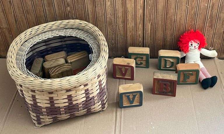 Wooden Blocks, Basket and Doll - Sherwood Auctions