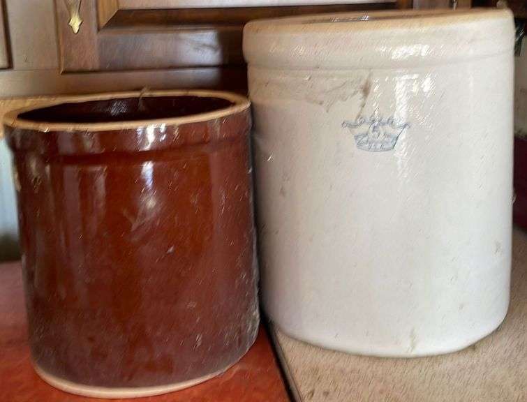 Blue Crown #5 Glazed Stoneware Crock & Glazed Stoneware Brown Crock ...