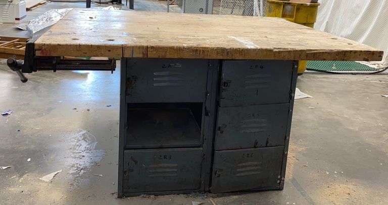 Metal Locker Base w/ 2” Thick Wood Workbench 33” tall, top is 64”x54 ...