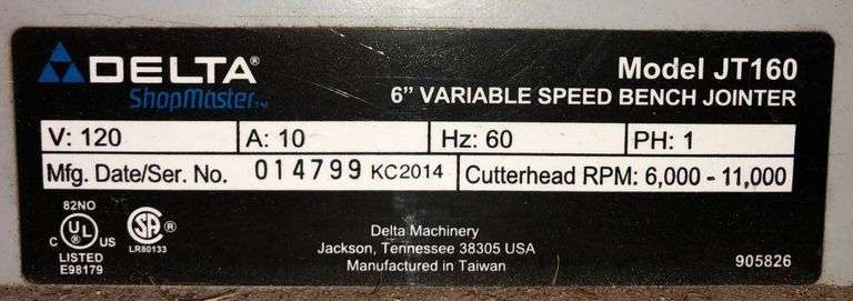 Delta ShopMaster 6” Variable Speed Bench Jointer, Model JT160- has ...