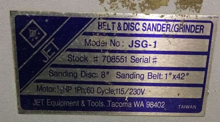 Jet Model JSG-1 Belt and Disc Sander/Grinder and Rolling Stand Has ...