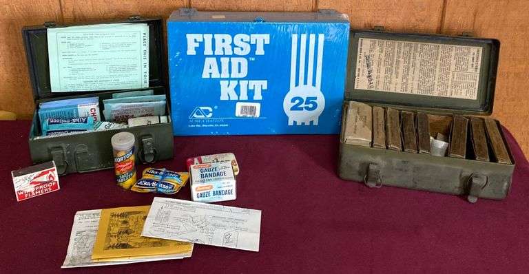 U.S. Army First Aid Kits + Unopened Blue Metal Box First Aid Kit ...