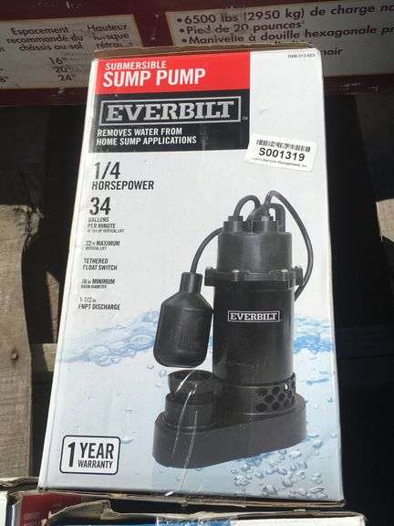 Everbilt 1/4 Horsepower Submersible Sump Pump - Sierra Auction Management Inc