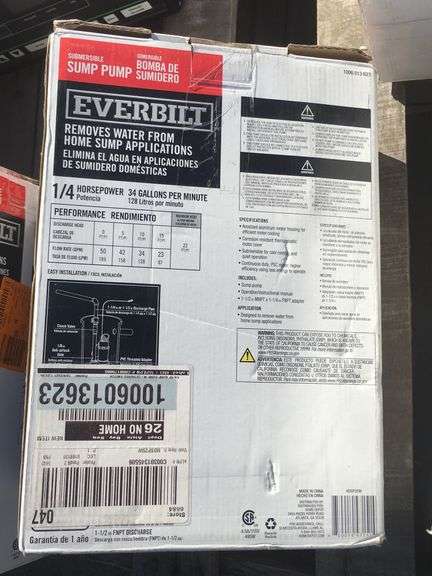 Everbilt 1/4 Horsepower Submersible Sump Pump - Sierra Auction Management Inc