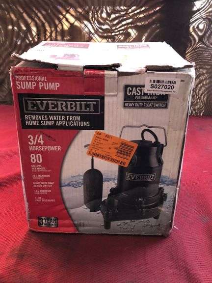 EVERBILT Sump Pump 3/4 Horsepower 80gallons Per Minute - Sierra Auction Management Inc