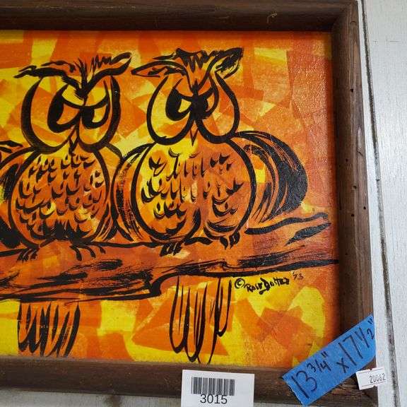 Painting Of Three Judgemental Owls On A Orange And Yellow Background ...