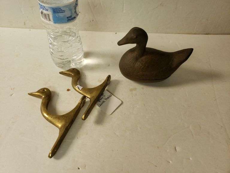 Vintage Brass Duck Coat Hooks And Duck Trinket Container - Trice Auctions