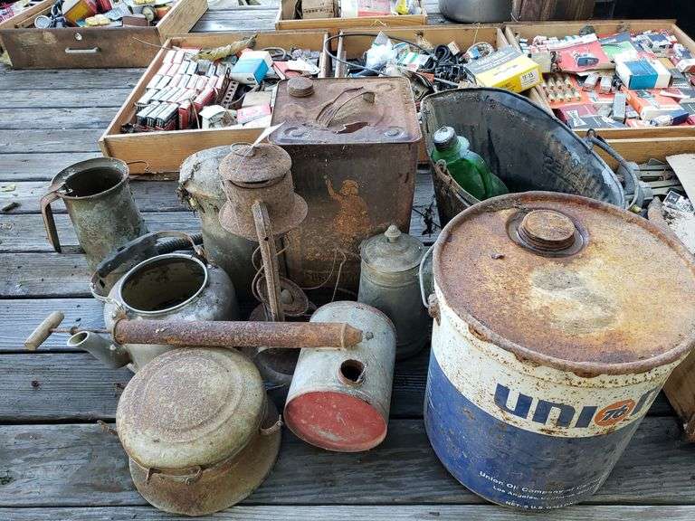 Pile Of Vintage Metal Collectibles And Bottles - Trice Auctions