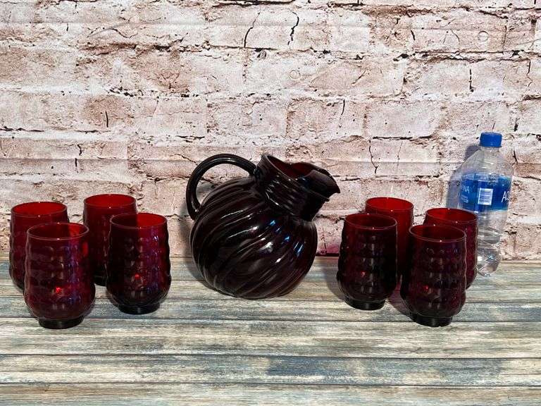 Vintage Royal Ruby Anchor Hocking Pitcher & 6 1940’s Ruby Red Bubble ...