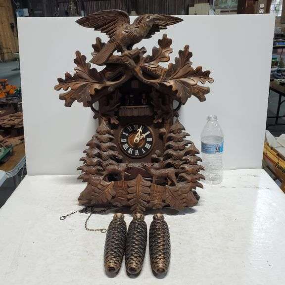 Vintage Wooden Cuckoo Clock with Pine Cone Lead Weights - Trice Auctions