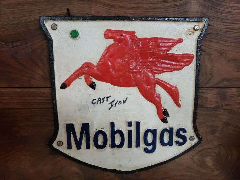 Cast Iron On Wood Mobil Gas Sign - Trice Auctions