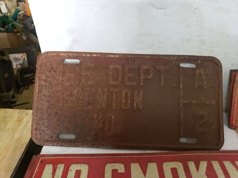 Metal No Smoking Signs, Antique Fire Dept License Plate And License ...