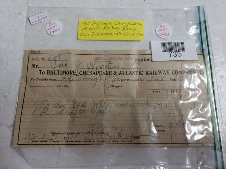 1911 Baltimore Chesapeake Atlantic Railway Receipt From Bethlehem ...