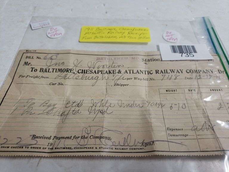 1911 Baltimore Chesapeake Atlantic Railway Receipt From Bethlehem ...