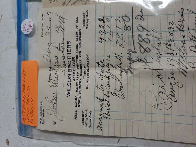 1937 Poultry Food Receipt Wilson Brothers Easton Maryland. And 1922 ...