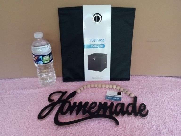 NEW True Living Folding Bin & Wooden Wall Decor - Trice Auctions