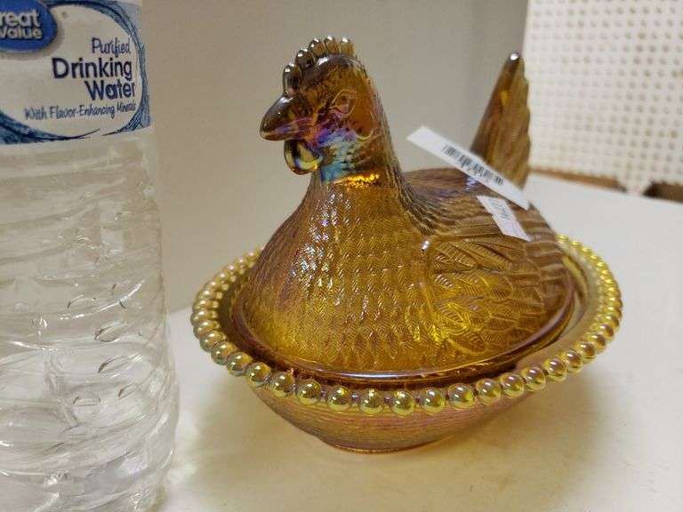 Carnival Glass Nesting Hen Candy Dish - Trice Auctions