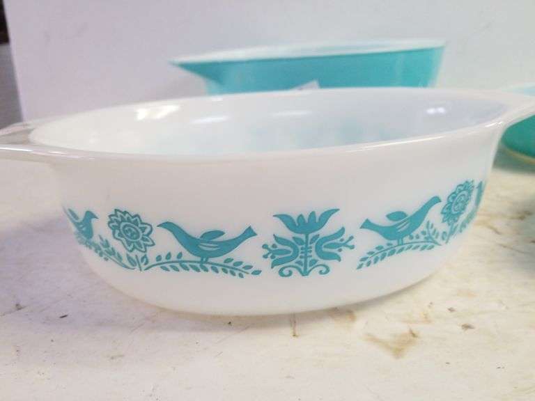 Pyrex Butterprint Amish Bowls, Friendship Bird Turquoise Casserole Dish ...