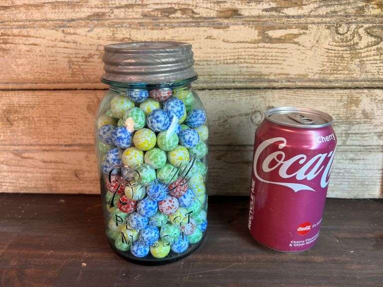 Vintage Blue Mason Jar Full Of Marbles - Trice Auctions