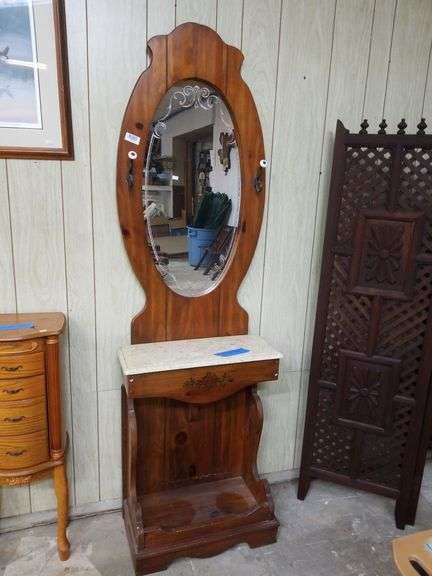 Antique Hall Tree With Mirror & Marble Top - Trice Auctions