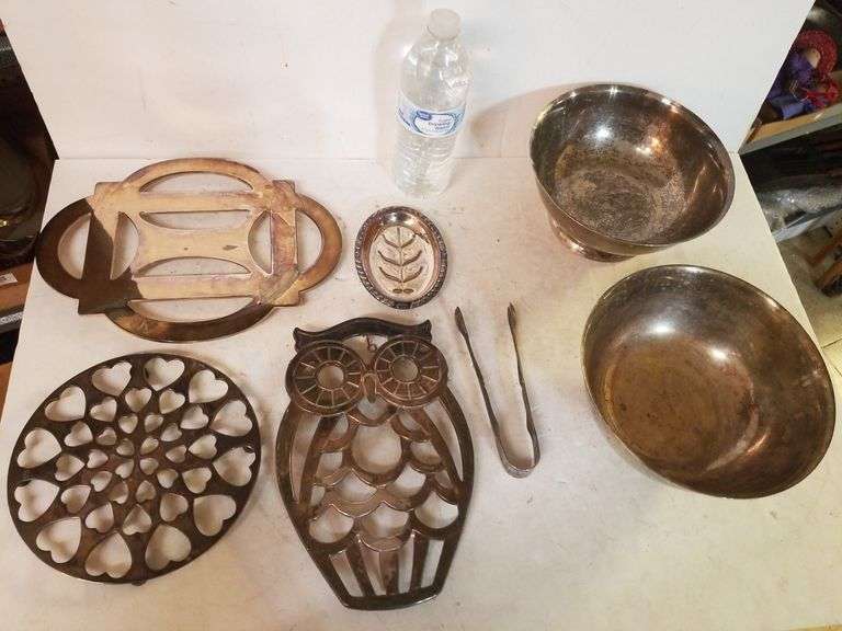 Vintage Metal Items - Leonard Silver Plated Owl Trivet, Two Metal Bowls ...