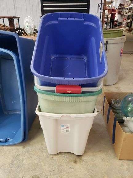 (4) Plastic Storage Totes - (1) Has Damage, No Lids - Trice Auctions
