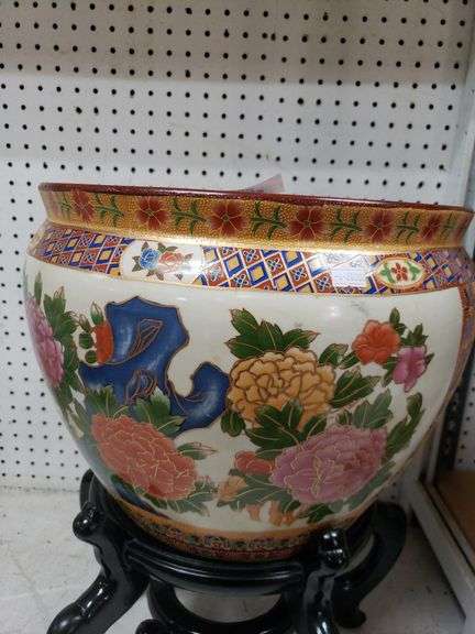 Large Decorative Asian Ceramic Pot With Koi Fish Design, Wooden Stand ...