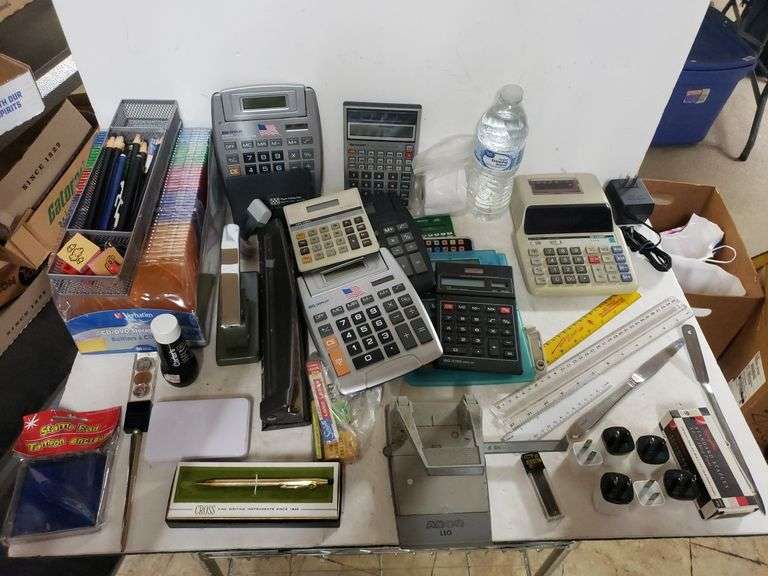 Office Supplies Lot - 11 Calculators, CD Cases, Sharp Adding Machine ...