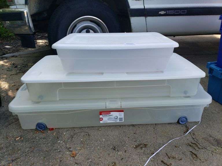 (3) Shallow Plastic Storage Totes - Various Sizes - Trice Auctions
