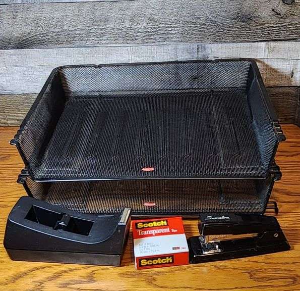 Desk items-2 Rubbermaid paper trays, Swingline stapler and Scotch brand ...