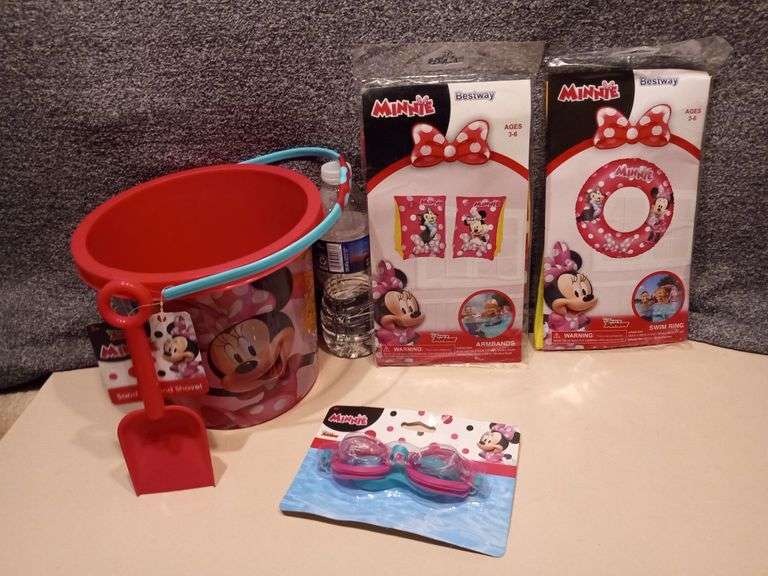 NEW Minnie Mouse Sand Pail & Shovel, Swim Goggles, Armbands & Swim Ring ...