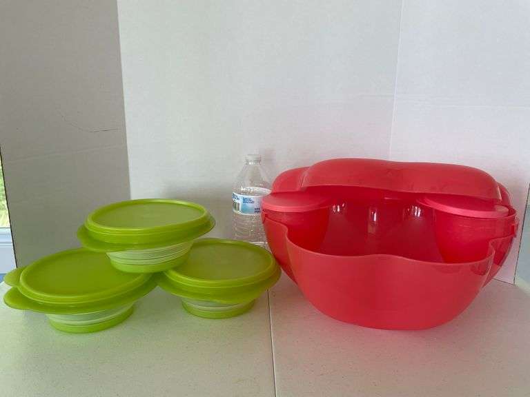Tupperware Chip 'N Dip Set & (3) Tupperware Flat Out Collapsible Bowls ...