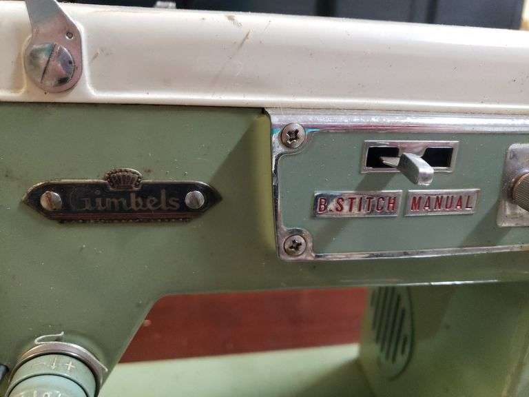 Gimbels Sewing Machine In Wooden Cabinet & Chair W/Storage Seat - Trice ...