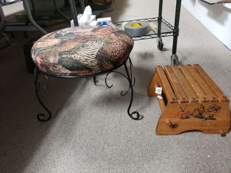Round Footstool With Iron Legs & Wood Step Stool - Trice Auctions