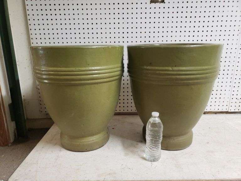 (2) Large Matching Heavy Pottery Flower Pots - 18" Tall - Trice Auctions