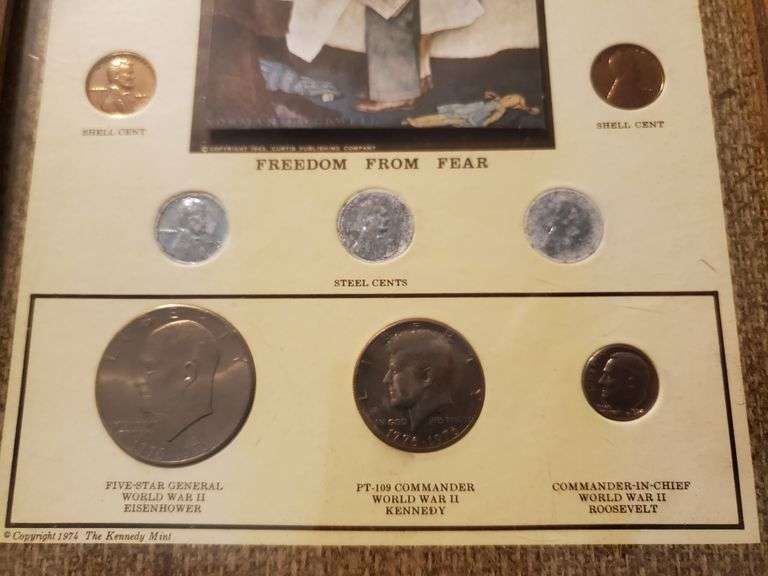 Framed US Coins Bicentennial Dollar, Half Dollar, Quarter, WWll Copper ...