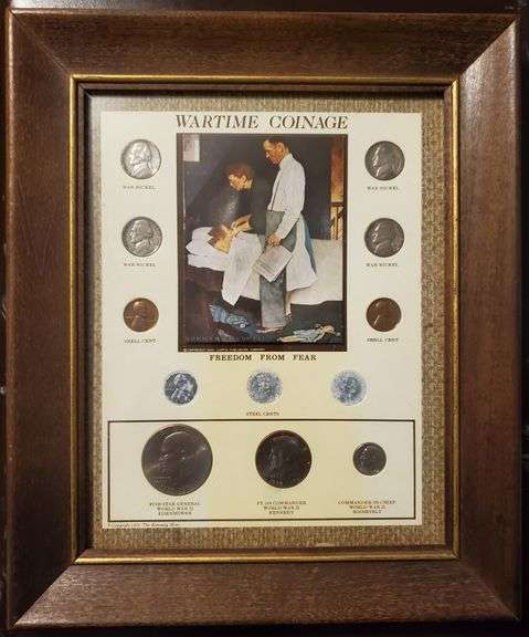 Framed US Coins Bicentennial Dollar, Half Dollar, Quarter, WWll Copper ...