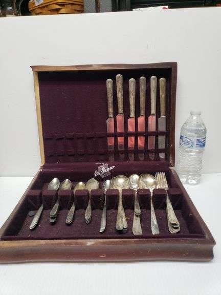 Misc Flatware In Wooden Storage Box - Damage To Box - Trice Auctions