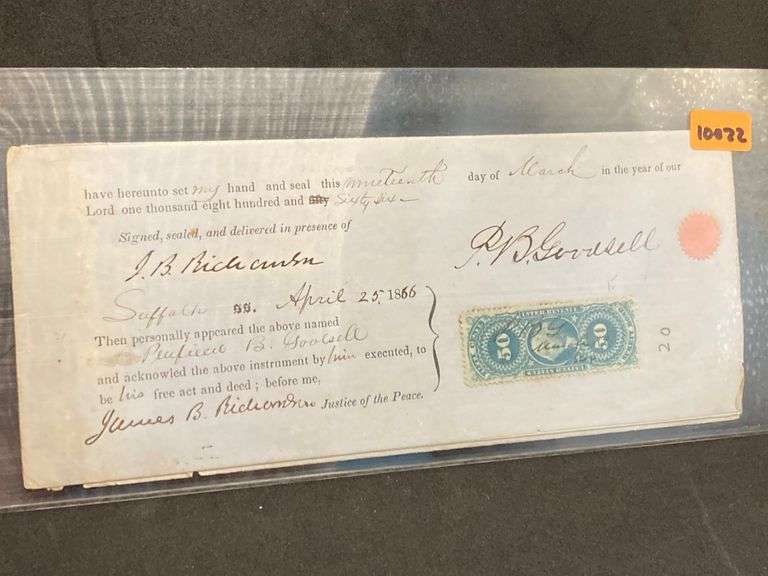 1866 Civil War Promissory Note w/Washington Blue Stamps - Trice Auctions