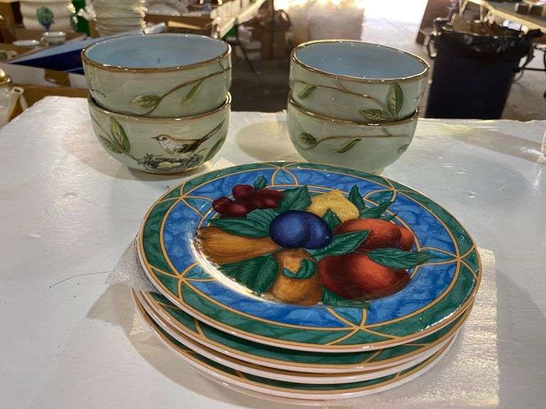 4 Fitz and Floyd Bowls, and 5 Victoria Beale Saucers - Trice Auctions