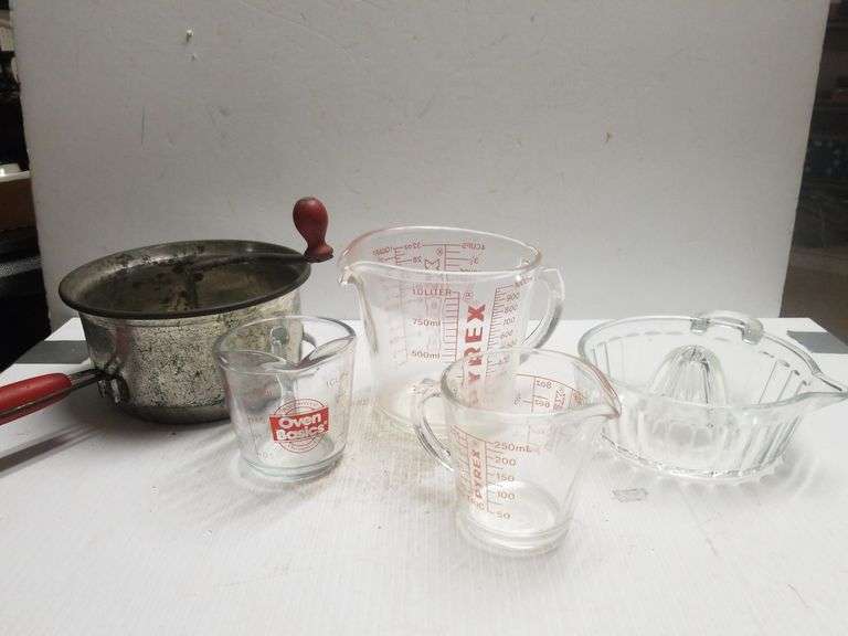 Pyrex Measuring Cups, Food Mill, Juicer - Trice Auctions