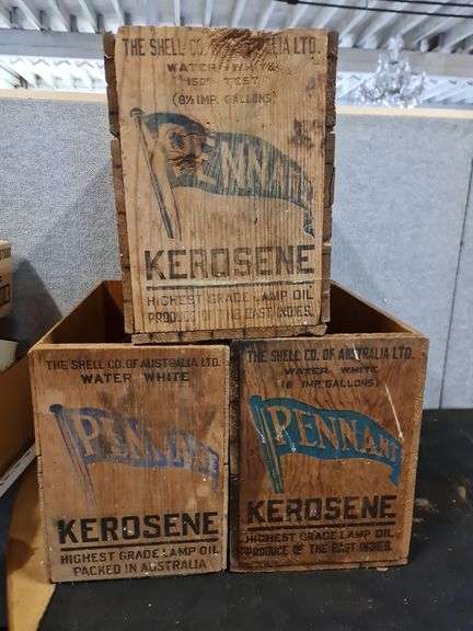 Three Antique Pennant Kerosene Timber Boxes - Tullochs Auctions