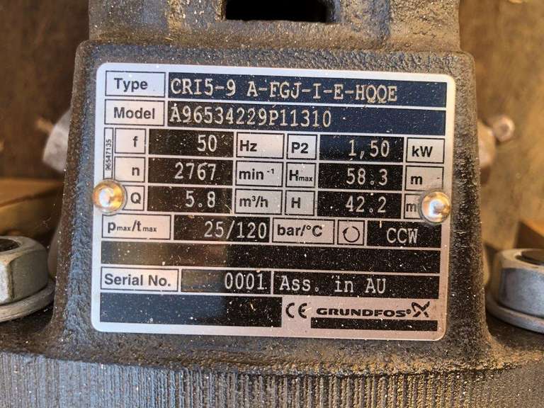 Unused Grundfos CR15-9 Vertical Centrifugal Pump - TVAA Pty Ltd T/A Tomkins Valuers & Auctioneers