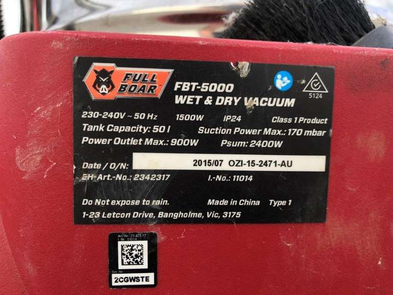 Full Boar Wet & Dry Vac - TVAA Pty Ltd T/A Tomkins Valuers & Auctioneers