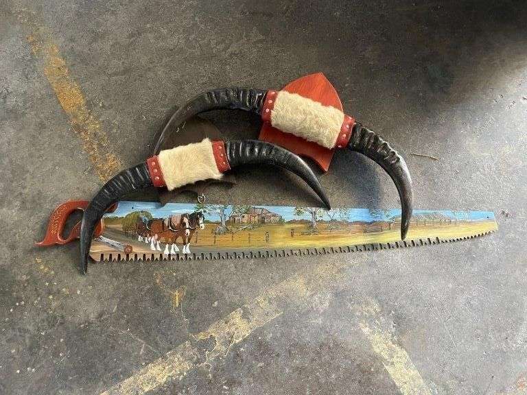 Buffalo Horns and Hand Painted Crosscut Saw - TVAA Pty Ltd T/A Tomkins ...