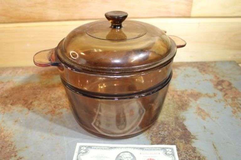 Lot of 2 vintage brown glass cooking dishes that stack - 1 dish marked ...