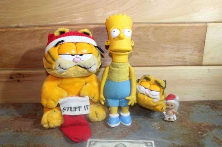 Nostalgia throwback lot featuring Bart Simpson doll, 2 Garfield plush, and Christmas troll doll ...