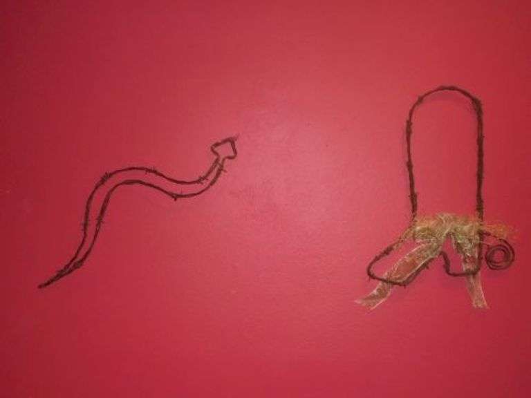 Barbed wire snake and boot wall décor. - Texas Online Auction House