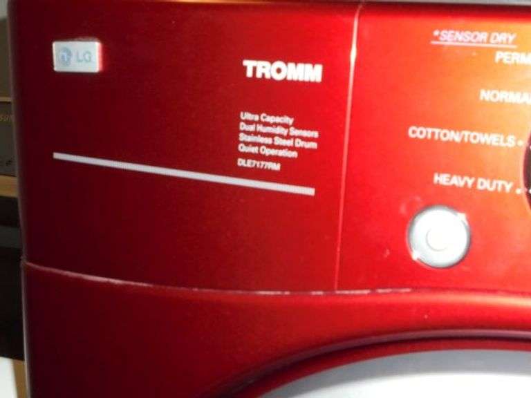 Red LG TROMM Ultra Capacity front load dryer w/ pedestal base. Working ...